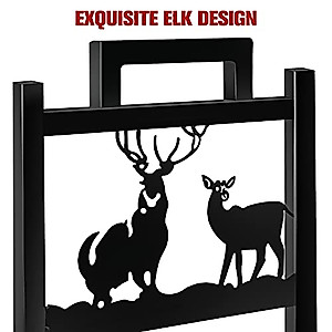 JINLLY Firewood Rack, 17.3 Inch Log Wood Storage Rack Holder with Elk Design, Adjustable Foot Pads and Handle, Outdoor Indoor Iron Fire Wood Rack Holder for Fireplace