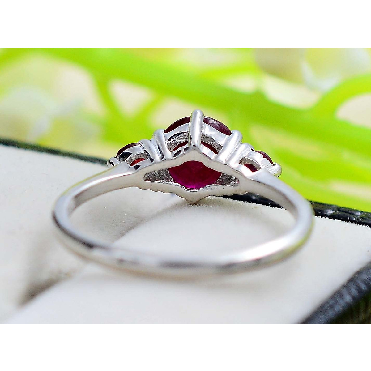 925 Sterling Silver Natural Red Ruby Gemstone 7 MM Round Cut July Birthstone Three Stone Cluster Unisex Ring For Birthday Gift (Rhodium Plated Silver, 6)