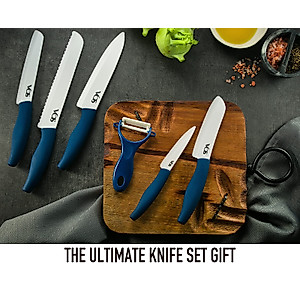 Vos Universal Knife Block and Ceramic Kitchen Knives With Peeler, Ceramic Paring Knife 4", 5", 6", 7", 8" Inch Blue
