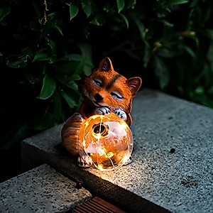 Garden Décor Cute Fox Sculptures & Statues Cat Figurine Holding Magic Ball with Solar LED Lights, Perfect Yard Gift Solar Garden Decoration for Patio Landscape Lawn Porch, Ornament (Fox)