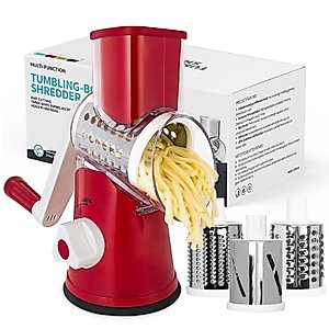 X Home Rotary Cheese Grater for Kitchen, Shredder with 3 Interchangeable Blades, Rotary Grater with Handle and Strong Suction Base, for Vegetables, Fruit, Nuts, Easy to Use and Clean, Red