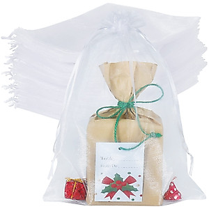 HRX Package 100pcs Large Organza Bags White, 8 x 12 inch Mesh Gift Drawstring Pouches Goodie Bags for Christmas Shower Party Favors Samples
