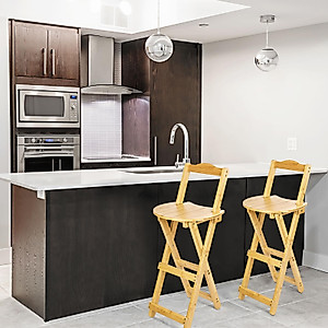 Leinuosen 2 Pieces Folding Bamboo Bar Stools with Backrest and Footrest 33 Inches Foldable Barstool Collapsible Portable Counter Height Folding Chairs with Pedals for Home, Outdoor, Kitchen