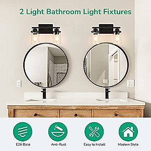 EDISHINE Bathroom Light Fixtures, 2 Light Bathroom Vanity Light with Clear Glass Shades, Matte Black Vanity Lights for Bathroom, Powder Room, Vanity Table, Bedroom, Kitchen (E26 Base), ETL Listed