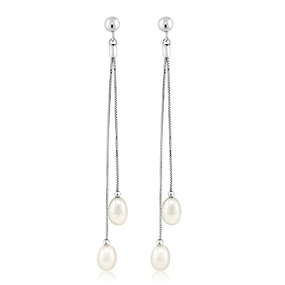 Gem Stone King 925 Sterling Silver Cultured Freshwater Pearl Drop Dangle Long Earrings For Women (Pearl Size: 7-7.5MM, Length: 3 Inch)