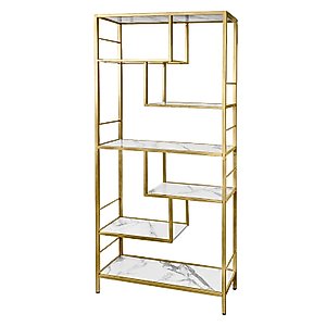 AT-VALY 6 Tier Bookcase Bookshelf, 72.4”Tall Modern Freestanding Bookshelf with 6 Shelves, Faux Marble Open Display Storage Book Shelves for Living Room Bedroom Home Office (Gold)
