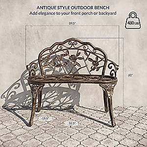 BELLEZE Outdoor Bench, Patio Outdoor Garden Bench Cast Aluminum Metal Loveseat Chairs for Park, Yard, Porch, Lawn, Balcony, Backyard, Antique Floral Rose Accent Seat Furniture, Bronze