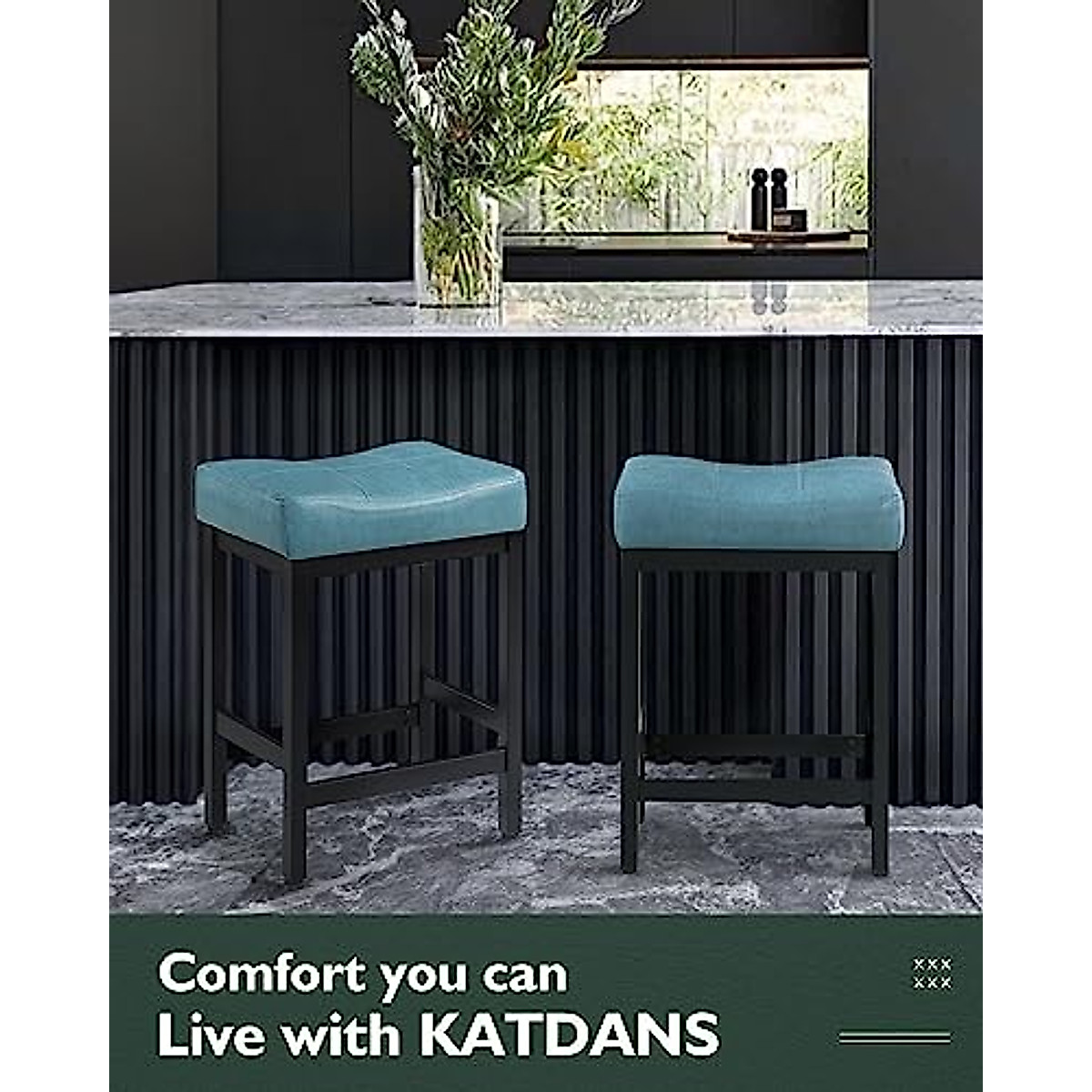 KATDANS Bar Stools Set of 2, 24" Counter Height Saddle Bar Stools, Upholstered PU Leather Bar Stools for Kitchen Island, Mid Century Modern Backless Barstools with Metal Base, KS861P-Teal, 2Pcs