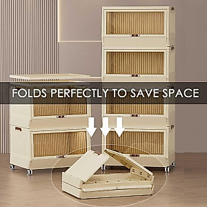 2 Tier Stackable Storage Bins with Doors, 29Qt *2 Plastic Foldable Storage Containers with Wheels, Collapsible Storage Bins Closet Organizers, Home,Office, Dorm(16.5 * 12.6 * 9.8in 2 Pack)