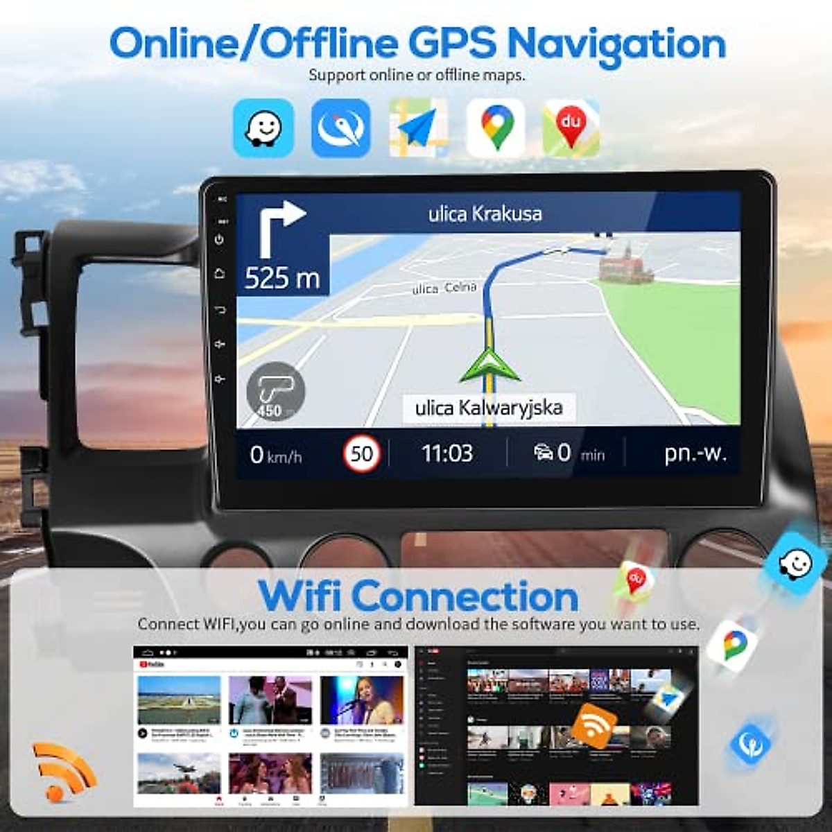 for Honda Civic 2006-2011 Wireless Carplay Android Car Stereo Support Wireless Android Auto with WiFi GPS Navigation AHD Backup Camera FM RDS Radio Receiver EQ HiFi Steering Wheel Controls