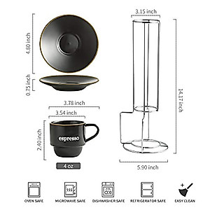 Espresso Cups with Saucers Set, 4 Ounces Demitasse Cups and Metal Stand Porcelain Coffee Cups, Stackable Mugs for Espresso Latte Cafe Mocha and Tea, Set of 6