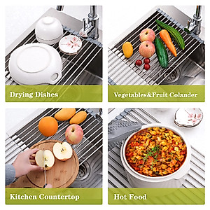 HIGEEK Roll Up Dish Drying Rack Over The Sink Dish Rack Kitchen Rolling Dish Drainer Over Sink, Foldable Sink Rack Mat Stainless Steel Wire Dish Drying Rack for Kitchen Sink Counter (17.5''x11.8'')