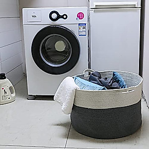 Extra Large Storage Basket, Woven Cotton Rope Blanket Basket for Nursery and Home, Fabric Laundry Basket with Handles for Living Room, Laundry Room, Kids Room and Bedroom, White and Gray