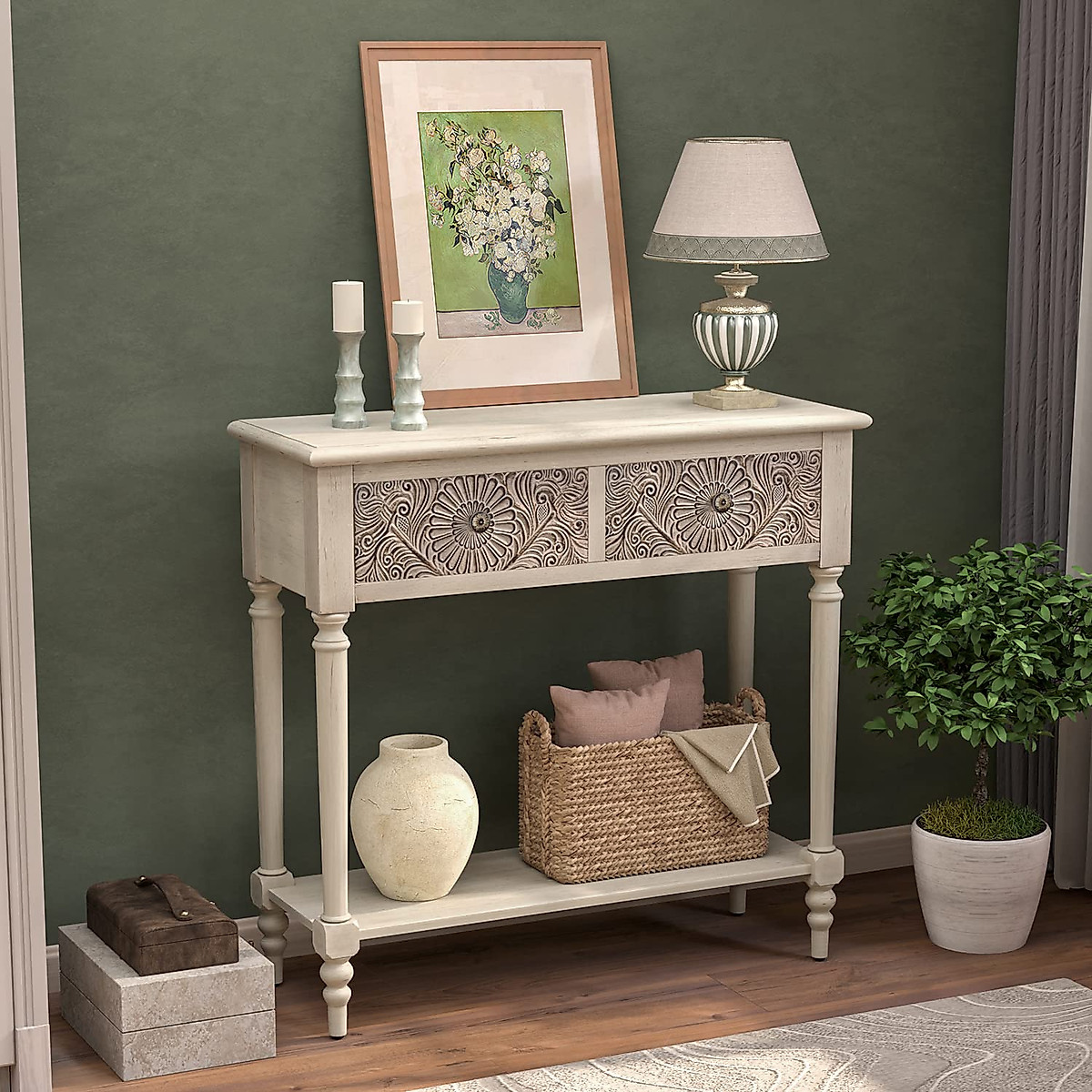 COSIEST Console Table with 2 Drawers, MDF Narrow Entryway Table with Storage Shelf, Wood Accent Sofa Table for Living Room, Entrance, Hallway, Couch, Light Grey