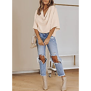 Dokotoo Women's V-Neck Wrap Top - Short Sleeve Chiffon Blouse, Trendy, Casual, Work, Apricot, XL