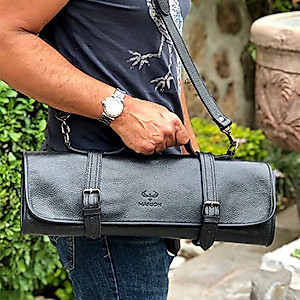 Marion - LE MINUIT - Genuine Calf Top Grain Black Leather - Handcrafted Professional Chef's Knife Storage Roll Bag - 8 Pockets - Adjustable Shoulder Strap - Zippered Interior and Exterior Pocket