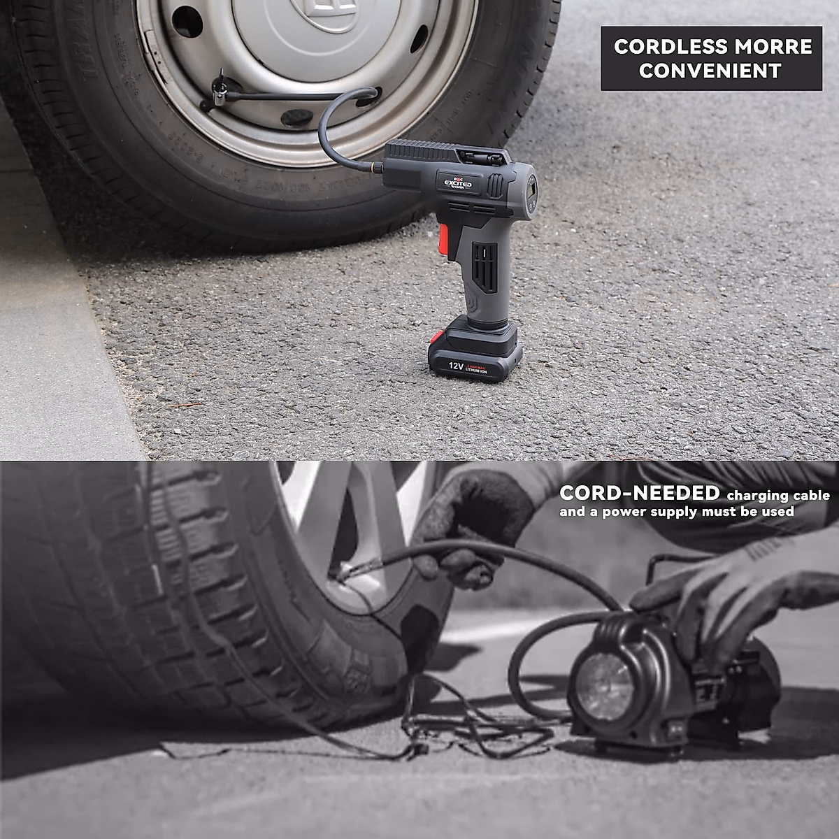 Excited Work 12V Portable Air Compressors Cordless Tire Inflator, 2.0 Ah Rechargeable Battery and Quick Charger, Max 150PSI, with 3 Nozzles, 4 Unit Meters, Fits Cars Motorcycles etc