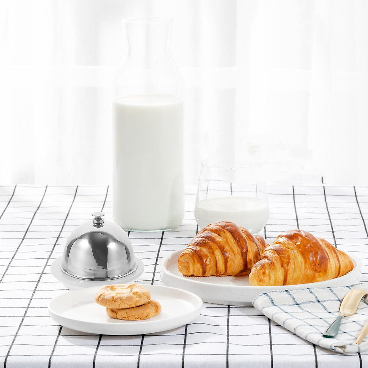 DOITOOL Cheese Dome Cover Butter Dish Ceramic Butter Plate with Stainless Steel Lid Farmhouse Butter Keeper Container Cheese Plate Mini Cake Stand for Home Restaurant Cheese Dome Cover