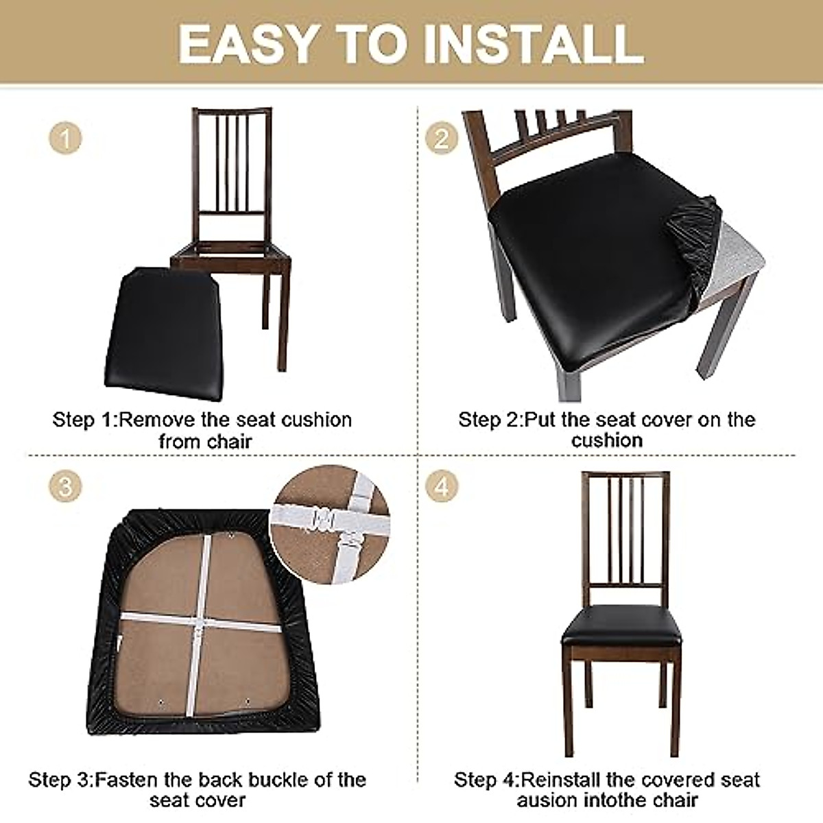 NIBESSER Waterproof Chair Seat Covers Set of 6, PU Leather Dining Chair Seat Covers, Stretch Chair Cover for Dining Room Chairs, Removable Kitchen Seat Cushion Slipcovers Protector (Black)