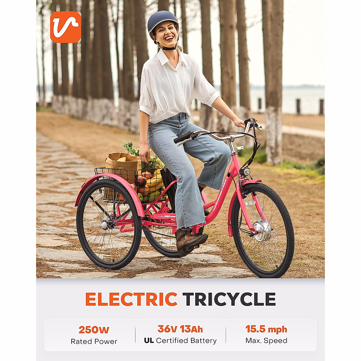 Viribus Electric Trike, 250W Electric Tricycle for Adults with UL 36V 13Ah Battery, 3 Wheel Electric Bike for Men Women Seniors with Basket, Ebike Trike 330lb. 24 26 in Etrike E Trikes Peach