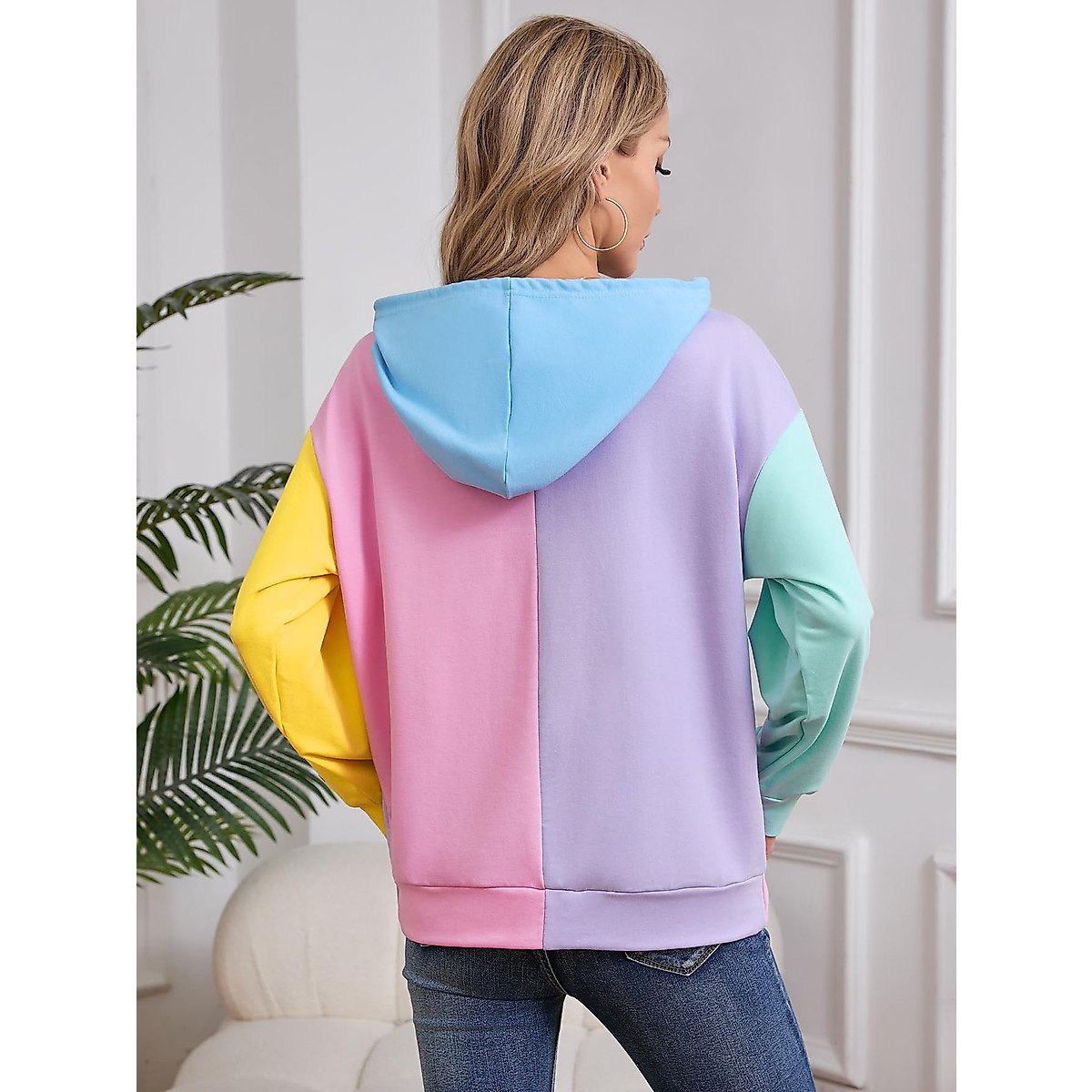 SweatyRocks Women's Cute Color Block Long Sleeve Pullover Hooded Sweatshirts Top Purple Pink M
