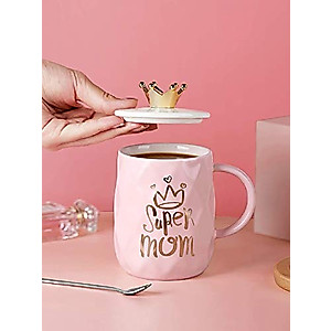 Mug for Mom with Crown Cute Coffee Ceramic Cup Unique Gift for Women Queen Wife Grandma Girlfriend Daughter Mother's Day - 15oz with Lid & Spoon (Super Mom)