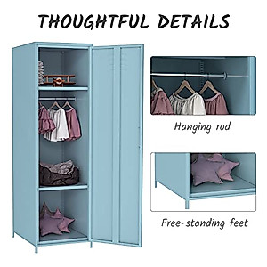 Sweiko Metal Locker Cabinet Storage Cabinet Locker for Bedroom School Classroom Single Door Steel Locker for Toys and Clothes with Hanging Rod and Shelves Blue