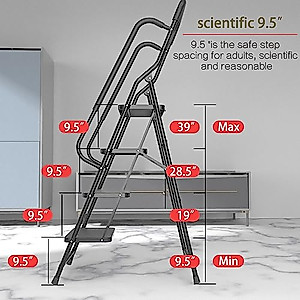 SUZHI Heavy Duty 4 Step Foldable Ladder with Handrails, Attachable Tool Bag & Anti-Slip Wide Pedal Ladders for Indoor Hanging Paintings, Cleaning High ledge&Ceiling,Fan, 300 Pound Capacity