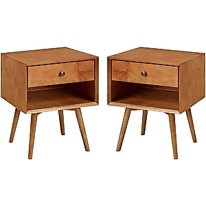 Walker Edison Ella Mid-Century Modern 2-Piece 1-Drawer Solid Wood Nightstand Set, 2 Pack, Caramel