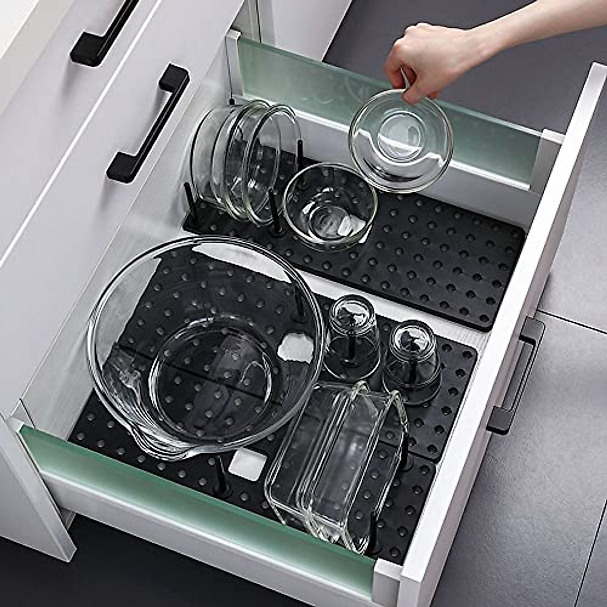 BYBYCD Dish Drying Rack Bowl Pot Storage Holder Drawer Organizer Tray Telescopic Adjustable ABS Kitchen Shelf Organizer for Food Containers Cookware