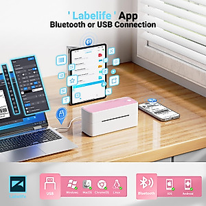 Bluetooth Wireless Thermal Shipping Label-Printer - 4x6 Label Printer for Shipping Packages & Small Business, Pink Label Printers Support with iPad iPhone and Android, Work for Amazon Etsy USPS UPS