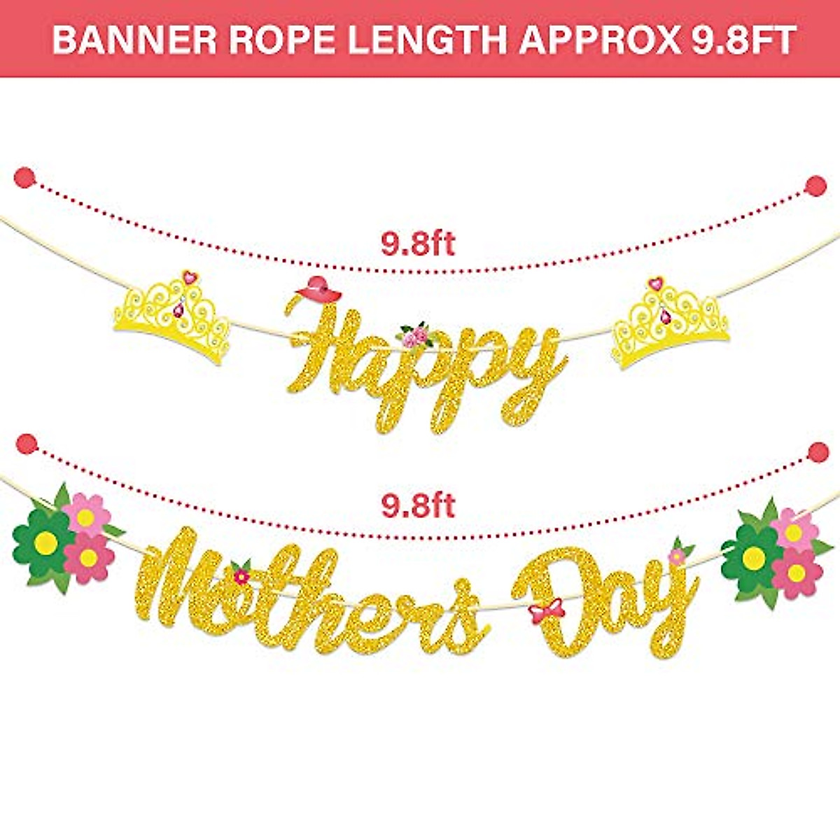 Partyprops Happy Mother's Day Banner Gold Glitter - Mother's Day Decorations - Mothers Day Party Decorations - Mother's Day Bunting Banner - Mothers Day Garlands - Mothers Day Family Photo Backdrop