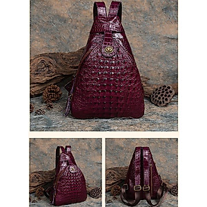 seegeeneey Genuine Leather Backpack Shoulder Bag For Women Tote Purse Satch Crocodile Pattern Embossed Travel Bag Vintage Medium (Purple)