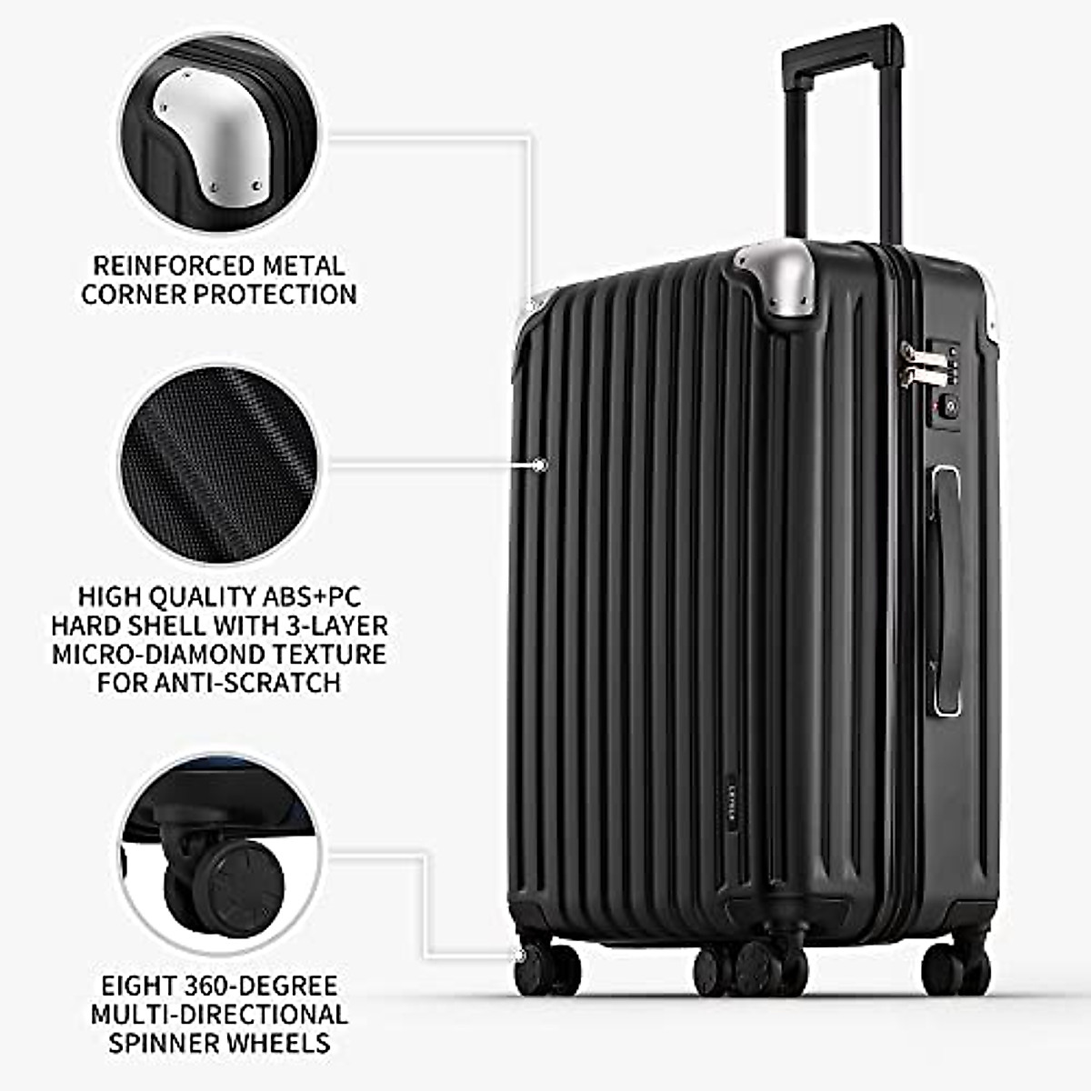 LEVEL8 Grace Luggage Sets PC+ABS Hardshell Suitcase with Spinner Wheels, Durable Lightweight Luggage TSA Lock 20" Expandable Carry on 24"/28" Checked Luggage, 3-Piece Set (20/24/28) – Black