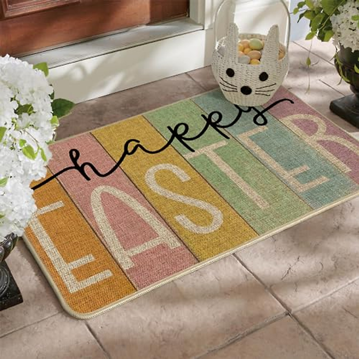 Artoid Mode Stripes Happy Easter Doormat, Spring Home Decor Low-Profile Switch Rug Door Mat Floor Mat for Indoor Outdoor 17x29 Inch