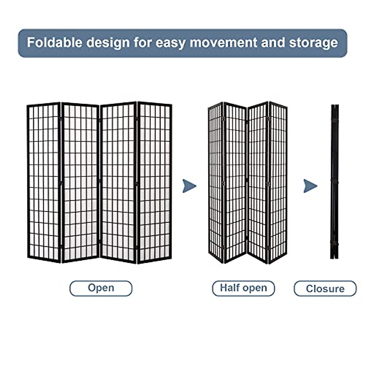 Salfanre Divider for Room Separation, 4 Panel, Japanese Room Dividers, Folding Shoji Screen, 5.6 Ft, Black