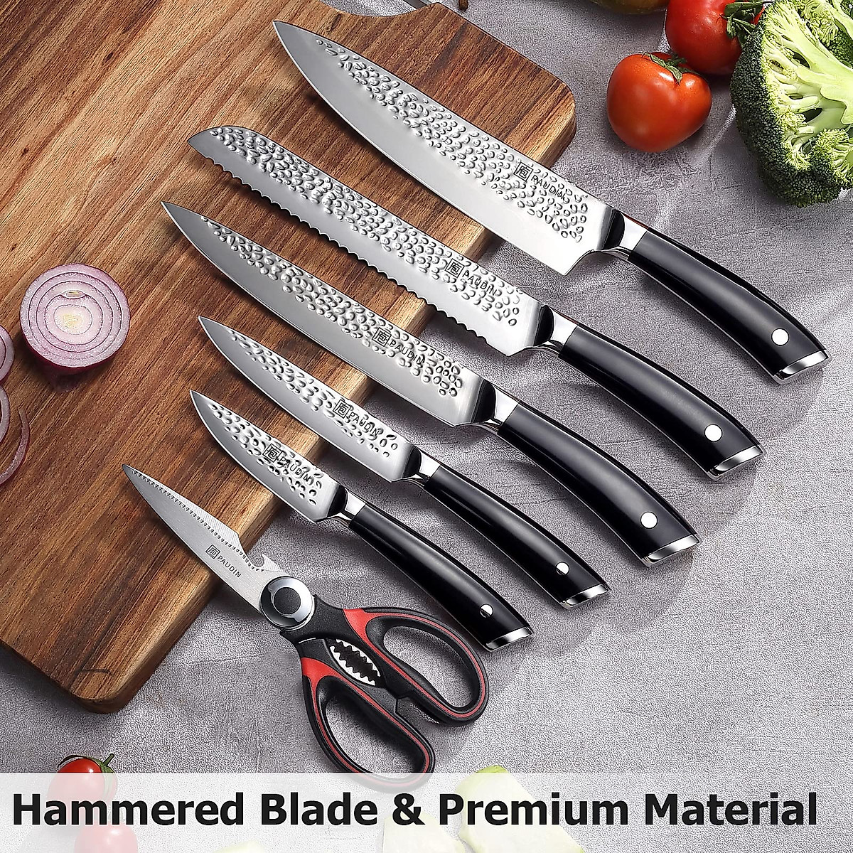 PAUDIN Knife Set with Block, 7-Pieces Knife Sets for Kitchen with Block, Razor-Sharp Chef Knife Set with Kitchen Scissor, High Carbon Stainless Steel Kitchen Knife Set with Full Tang Handle
