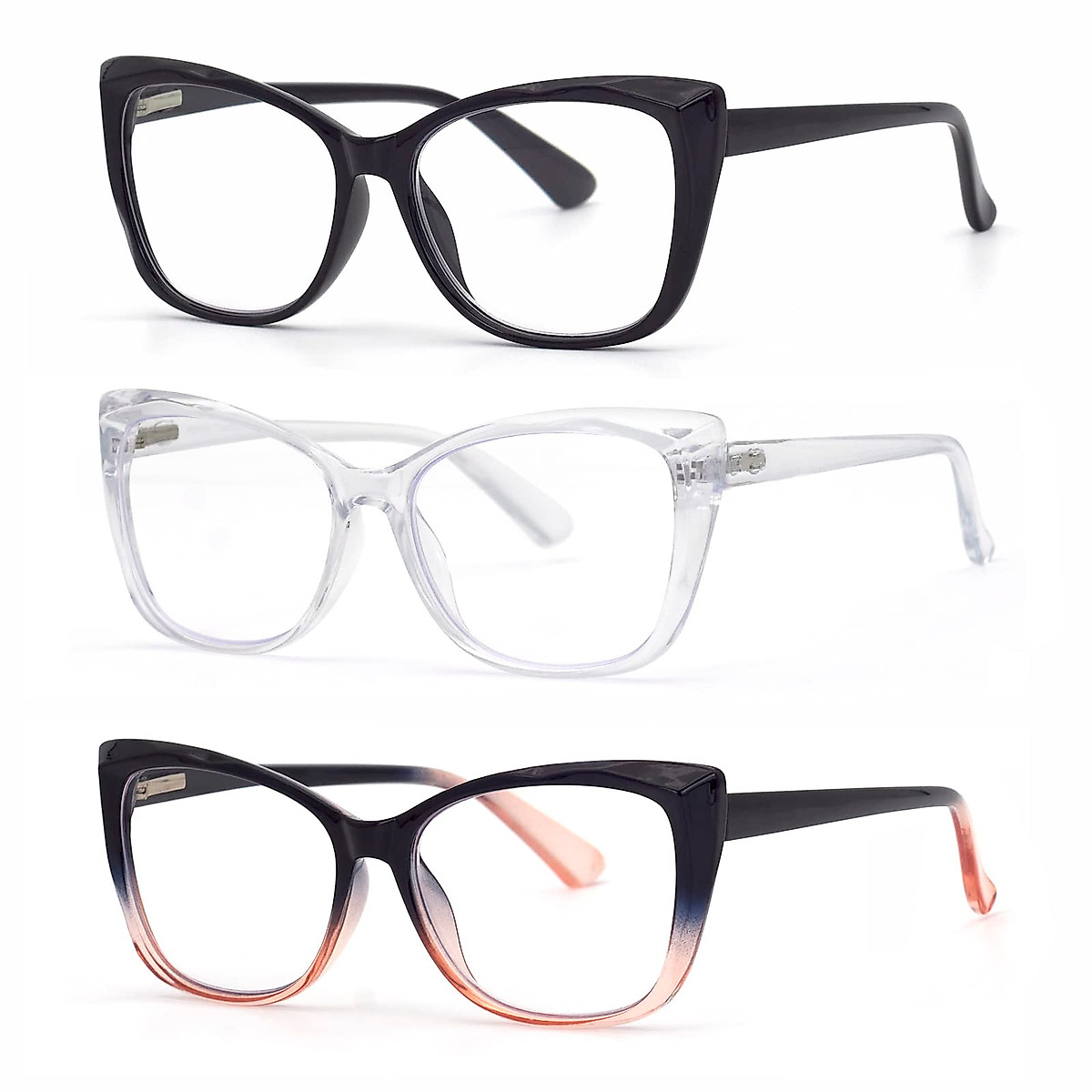 Autojouls 3-Pack Reading Glasses for Women，Oprah Style Frame Spring Hinge Clear Lens Readers Glasses, Black BlackPink Transparent 2.5 x