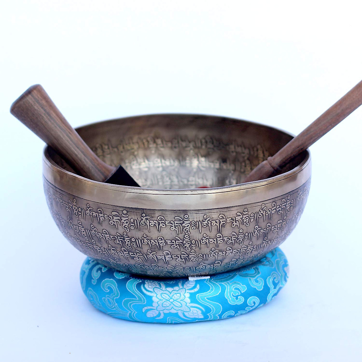 10-Inch Tibetan Mantra Nine Metal Handmade Singing Bowl ~Deep Sound~ for Professional use of Meditation, Sound Therapy and Healing- Ohm Mane Padme Ohm hand carved~ Included Mallet, Cushion & Drumstick