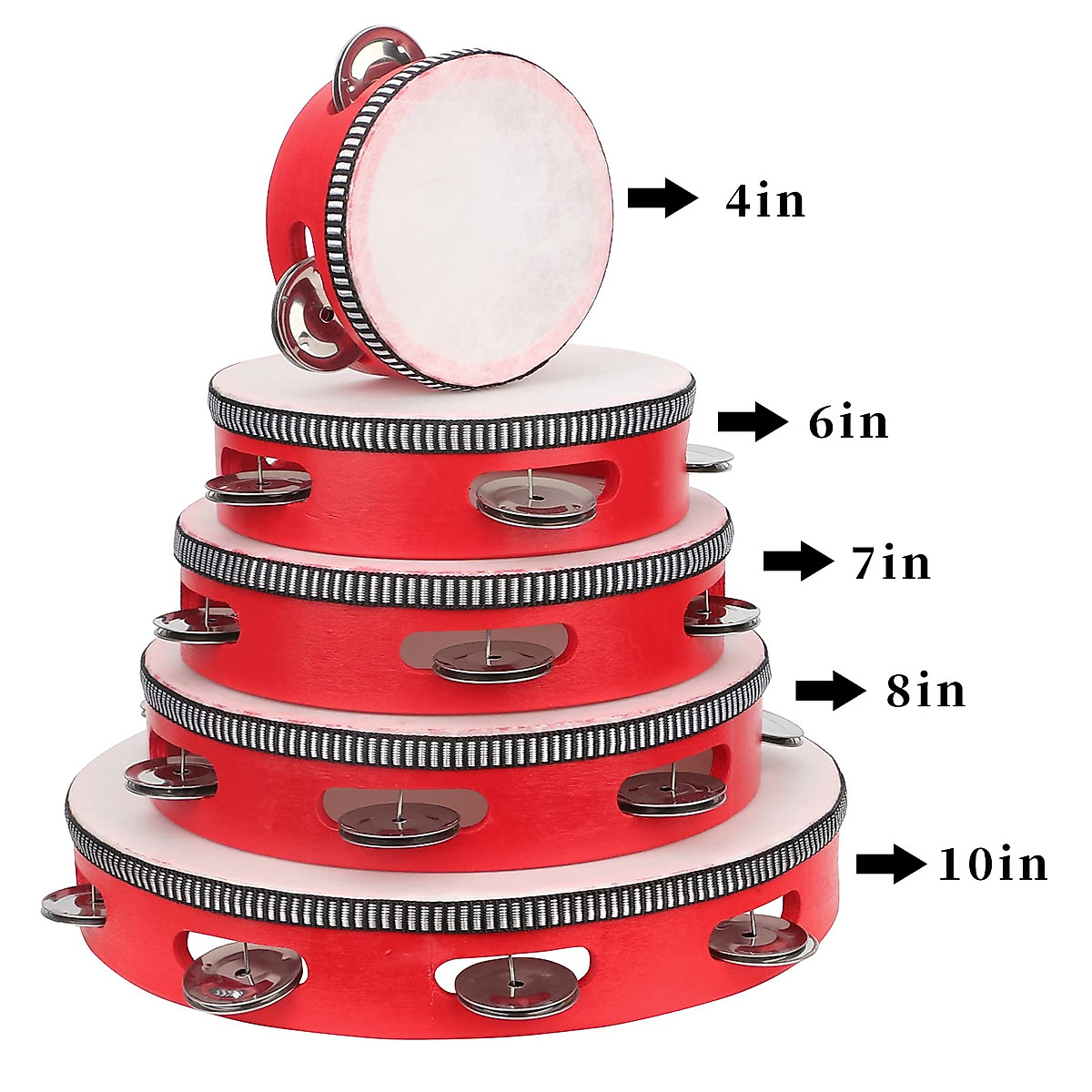 Dreokee 6 Inch Tambourine Red Wooden Handheld Tamborine with 4 Pair Metal Jingle Bells Percussion Instrument Musical Instrument Tambourines for Adults Party Education Church