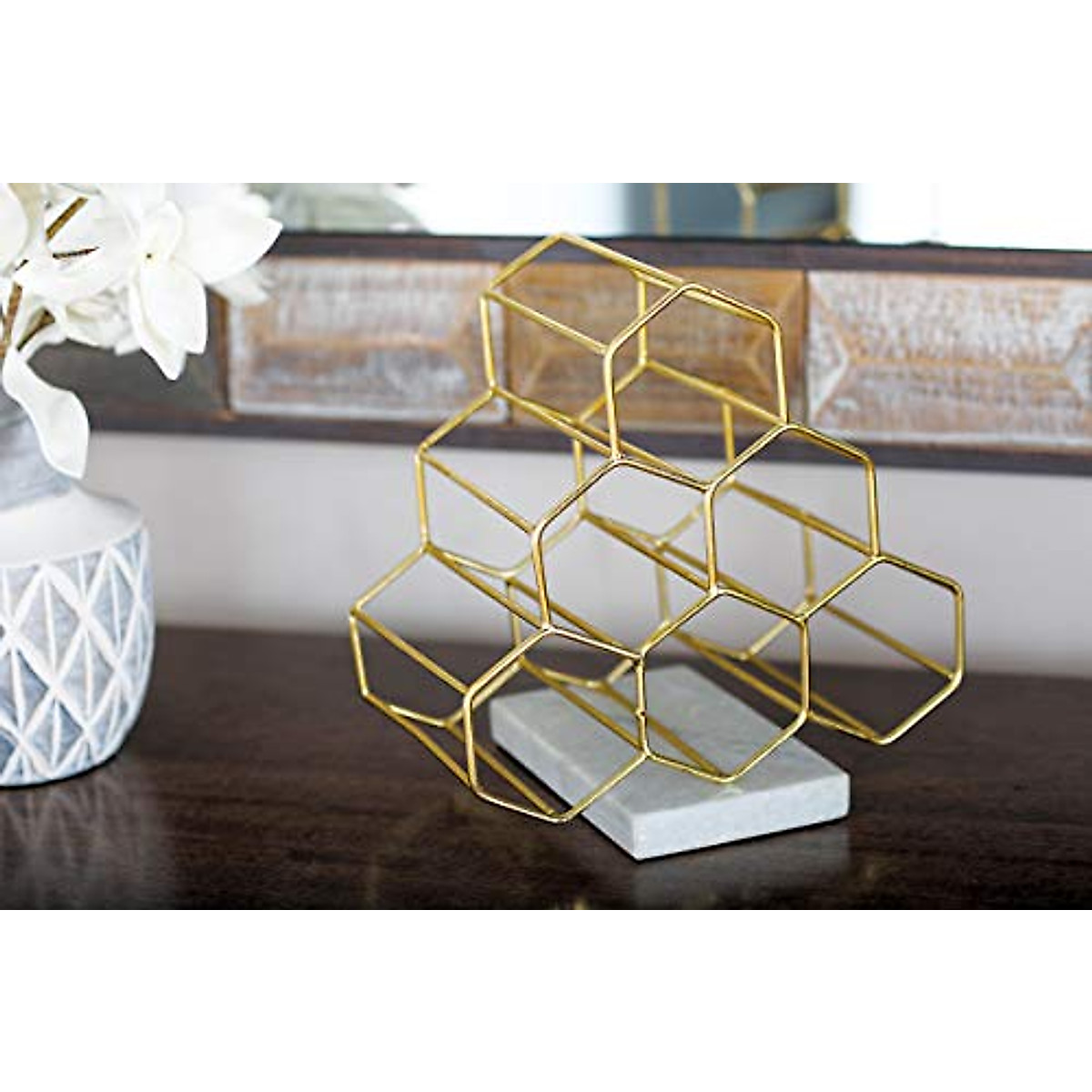 Deco 79 Marble 6 Bottle Wine Rack with Marble Base, 9" x 12" x 13", Gold