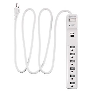Amazon Basics Rectangular 6-Outlet Surge Protector Power Strip with 2 USB Ports - 1000 Joule, White, 6 ft