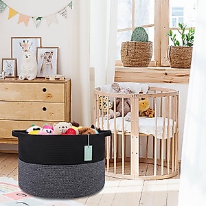BOSROTY Large Laundry Hamper Basket for Clothes 72L, Nursery Hamper, Blanket Basket, Clothes Basket Laundry, Woven Storage Basket, Toy Basket, Cotton Rope Laundry Basket, 16”x 22”, Black & Gray