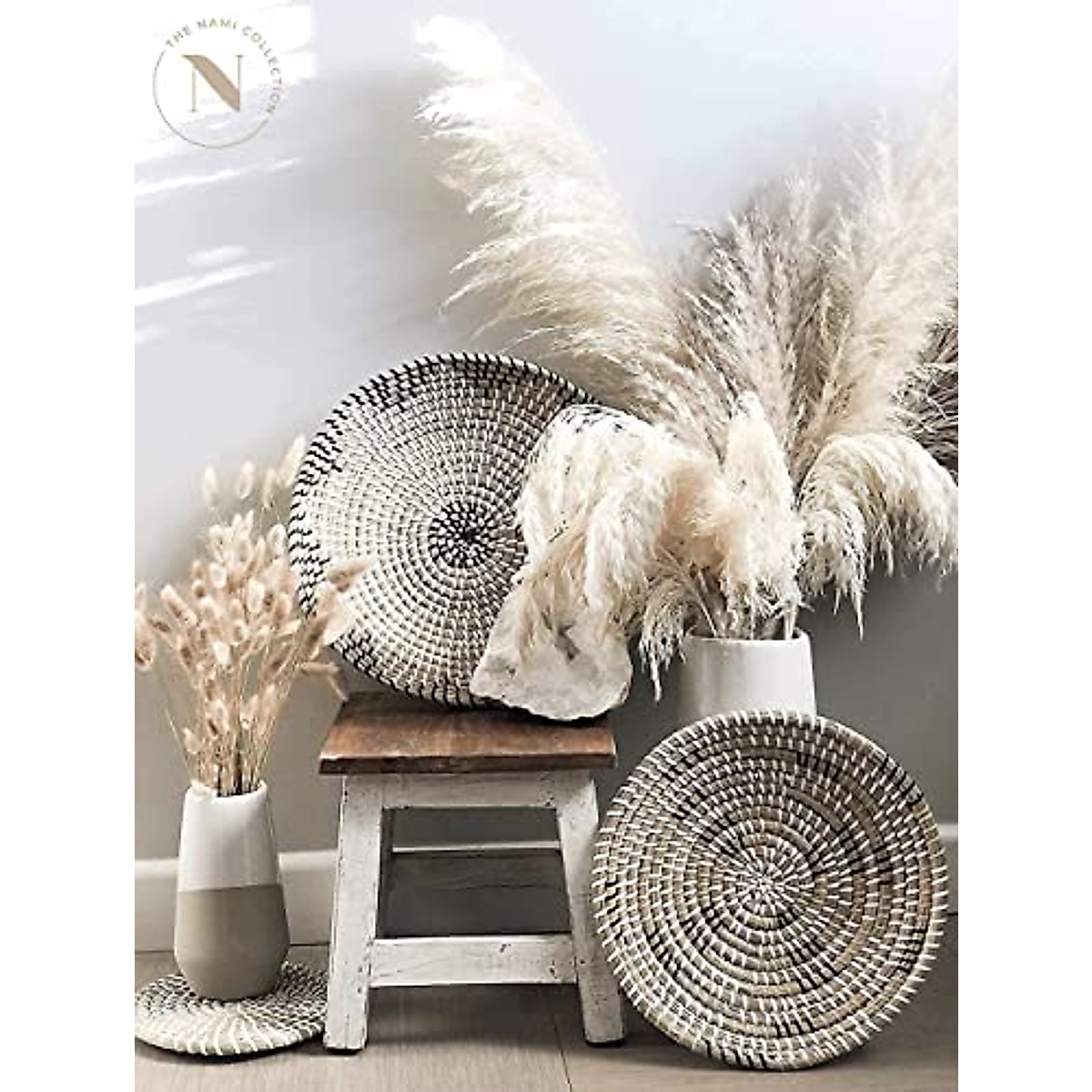 TheNamiCollection Five Seagrass Baskets Set | Hanging, Decorative, Boho Styled Perfect For Trendy, All Natural Home Wall Decor | Handmade, Round, Woven