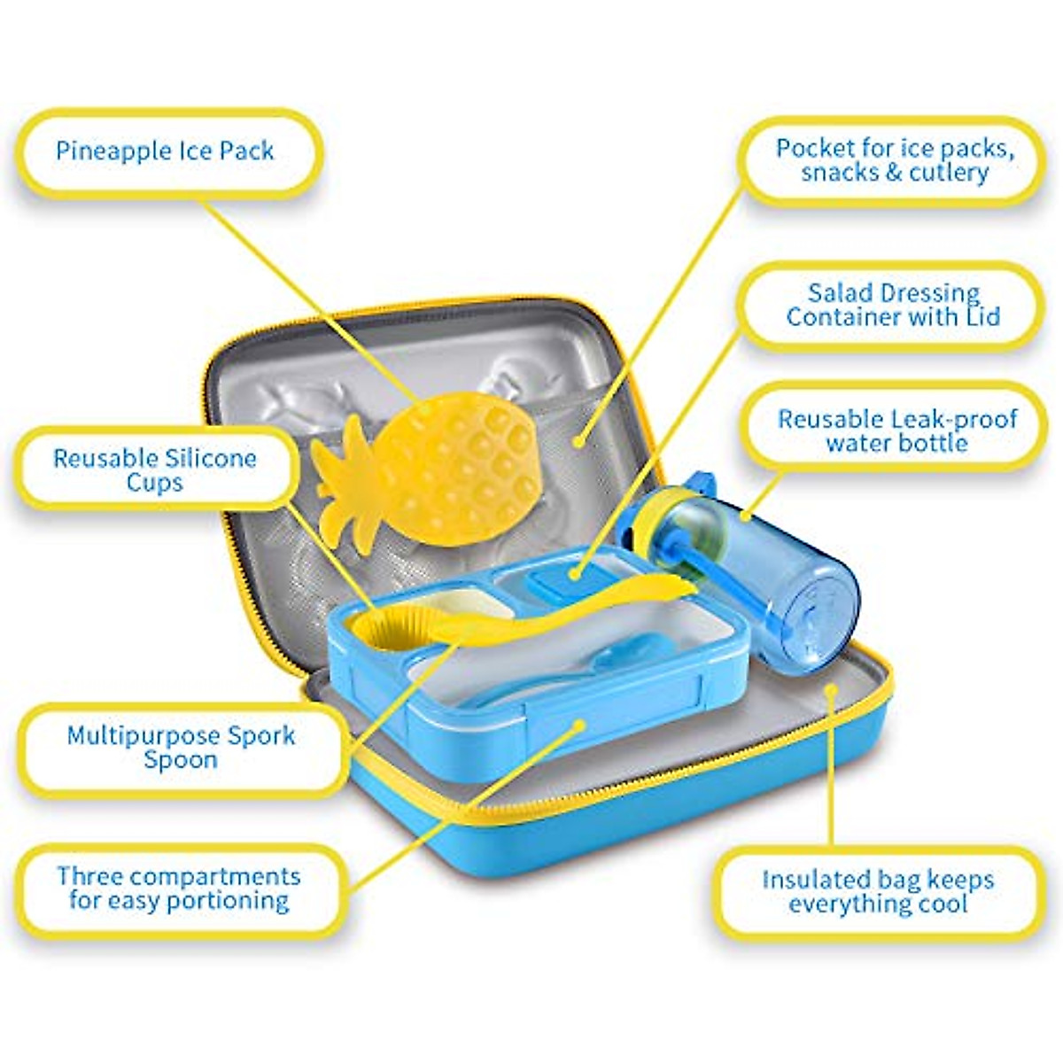 COO&KOO Shark Lunch Bag Lunch Box Set, Include 3D Insulated Cooler Bag & Leakproof Water Bottle Pineapple Ice Pack Multipurpose Spork Spoon Silicone Cups Salad Box, Great for School Girls or Boys