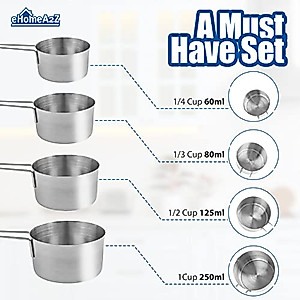 EHOMEA2Z Stainless Steel Measuring Cups Set 4Pc Metal Culinary Couture For Dry Liquid Kitchen Gadgets (1, 4-Piece Set)