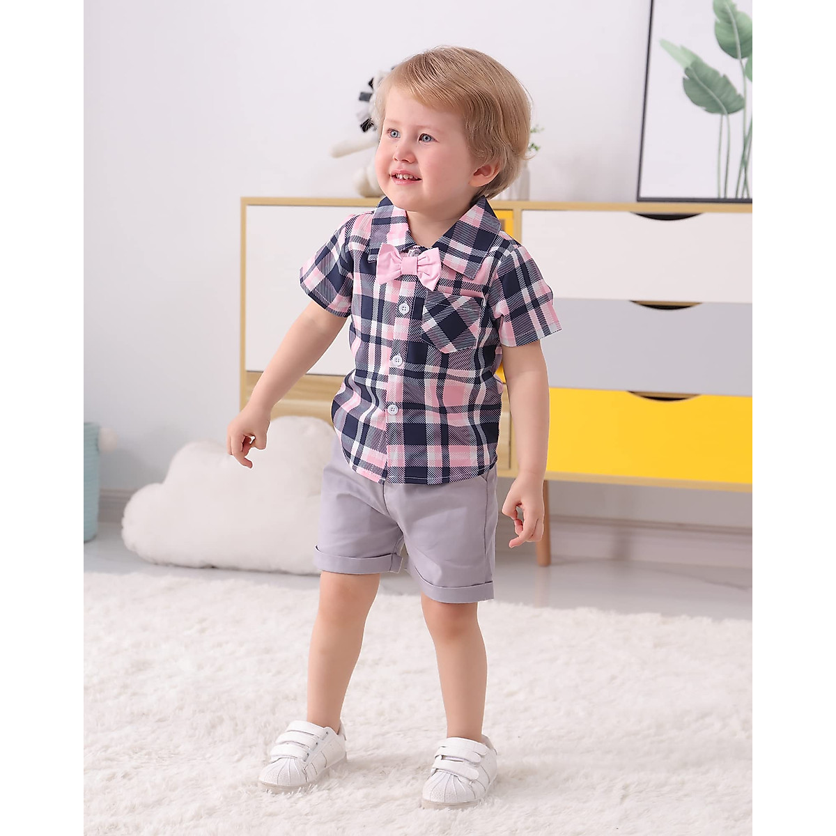 YUEMION Toddler Baby Boy Shorts Sets Outfit, Infant Kid Short Sleeve Shirt Top+shorts Suits