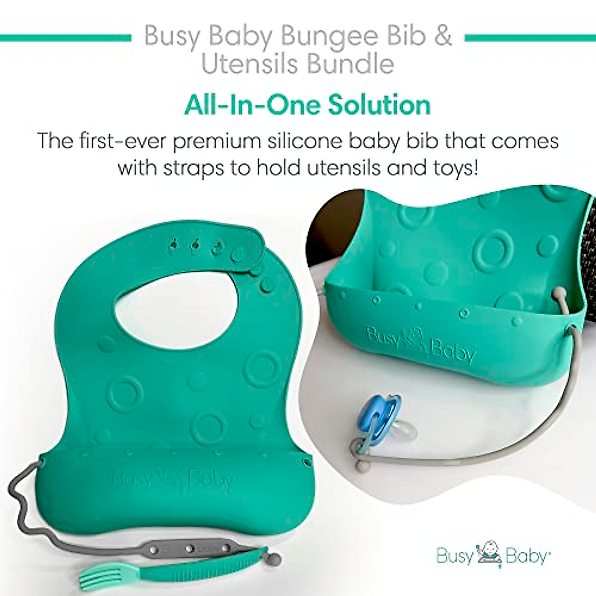 BUSY BABY Bungee Bib & Utensils Bundle | Silicone Bib for Babies & Toddlers with Tethers to Attach Utensils and Keep Them Off The Floor | Dishwasher Safe, BPA Free (Spearmint)