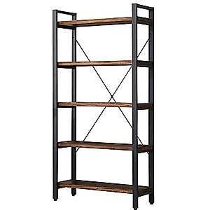 WH-AOERPUMY 5 Tier Bookcase, Solid Wood Bookshelf Rustic Vintage Industrial Etagere Bookcase, Metal and Wood Free Vintage Bookshelf, Retro Brown (Real Wood) (5-Tier)