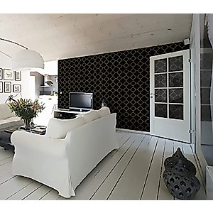 Feisoon 17.7"x118" Black and Gold Wallpaper Geometric Wallpaper Trellis Pattern Peel and Stick Wallpaper Removable Modern DIY Contact Paper Self Adhesive Wallpaper for Living Room Bathroom Decor